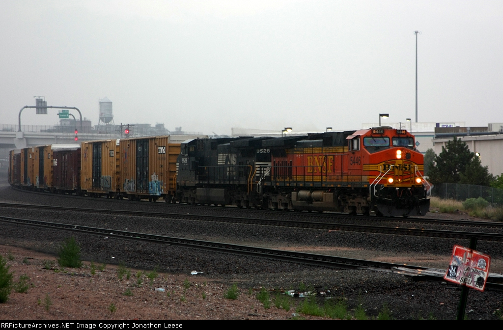 BNSF 5446 heads north in a rain storm with an eastern visitor